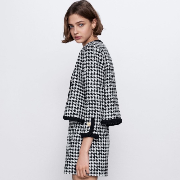 Zara | Jackets & Coats | Zara Houndstooth Tweed Jacket Blazer Wgold ...